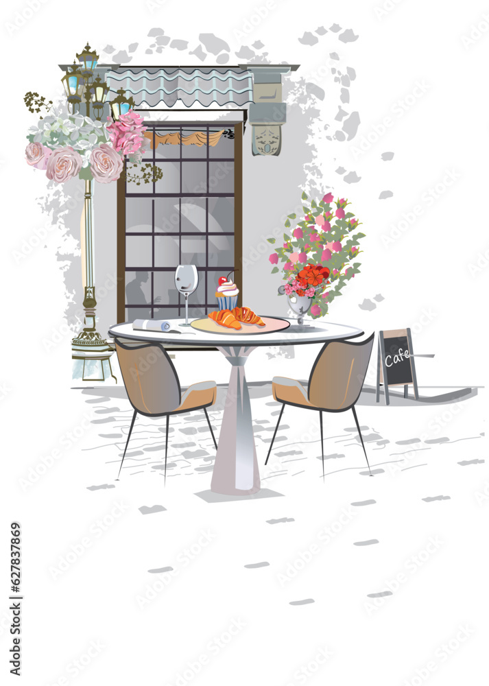 Series of backgrounds decorated with flowers, old town views and street ...