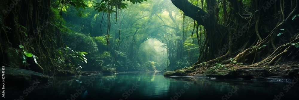 Foto de Stock Deep tropical jungles of Southeast Asia, green trees ...