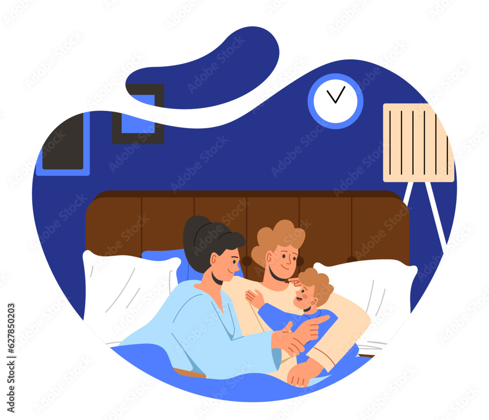 Family in bed together concept. Man and woman lie with their son in ...