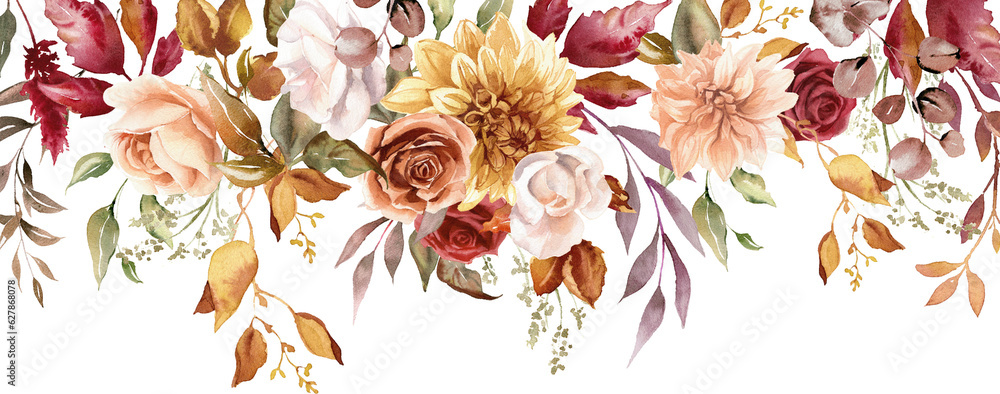 Autumn floral border with dahlia, rose and eucalyptus leaves. Burnt ...
