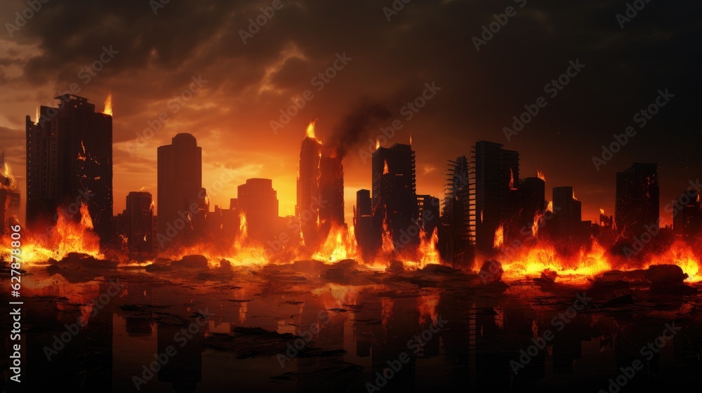 Empty street of burnt up city. Apocalyptic view of city downtown as ...
