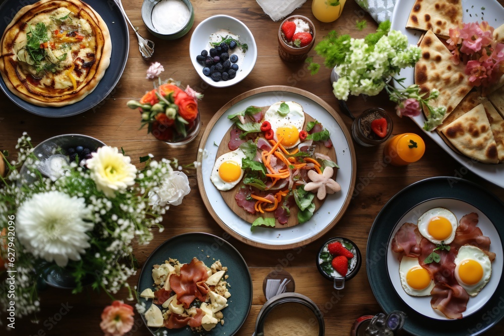 Brunch spread with a variet of dishes pastries. Village Breakfast with ...