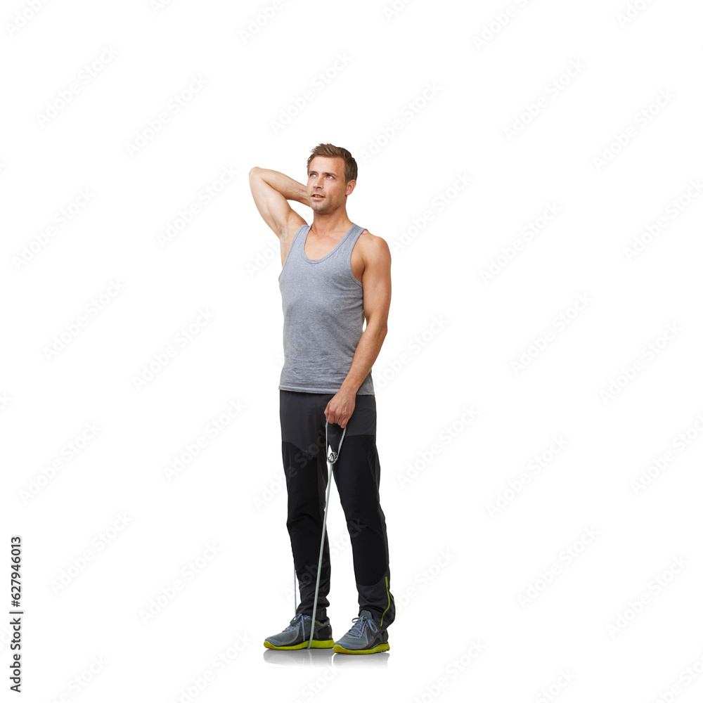 Exercise, bodybuilder stretching and man with resistance band in ...