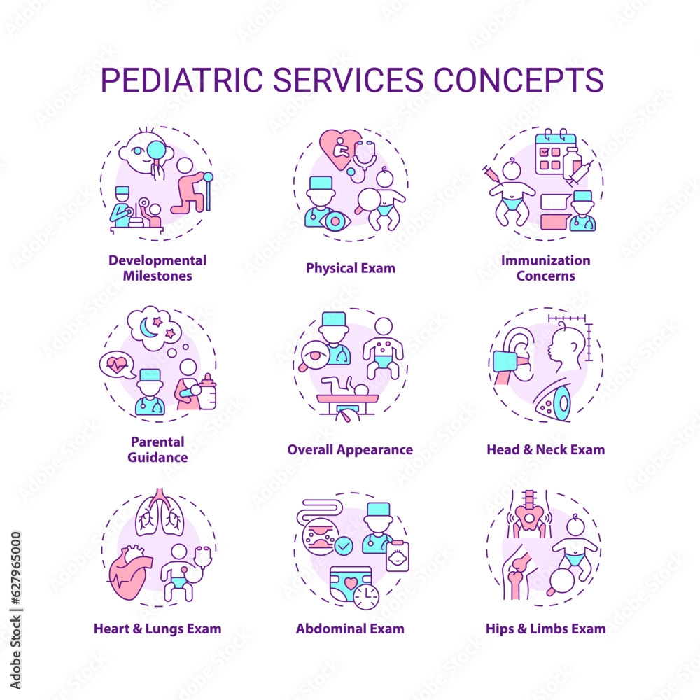 Pediatric services concept icons set. Child development. Health care ...