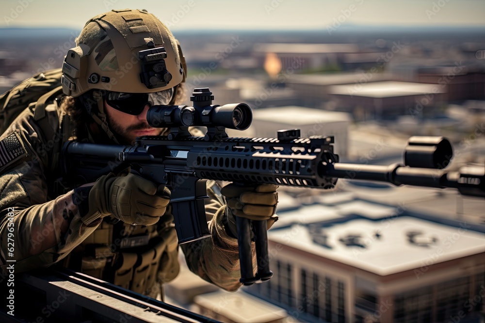 Shot of a special forces soldier on the roof of a building. A U.S. Army ...