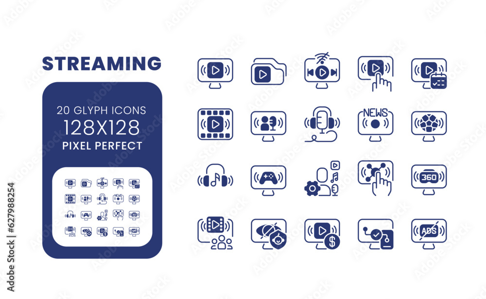 Streaming black solid desktop icons pack. Live video. Digital content ...