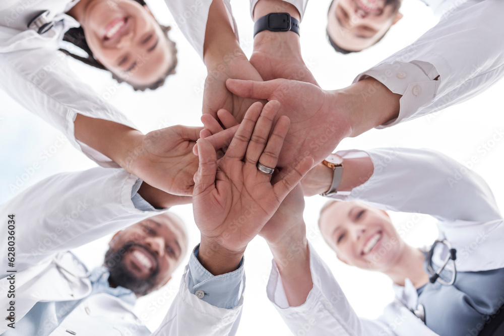 Hospital doctors, happy people and circle hands together for healthcare teamwork, medical team ...