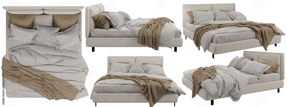 isometric bed with pillows mockup, top view, font view, side view ...