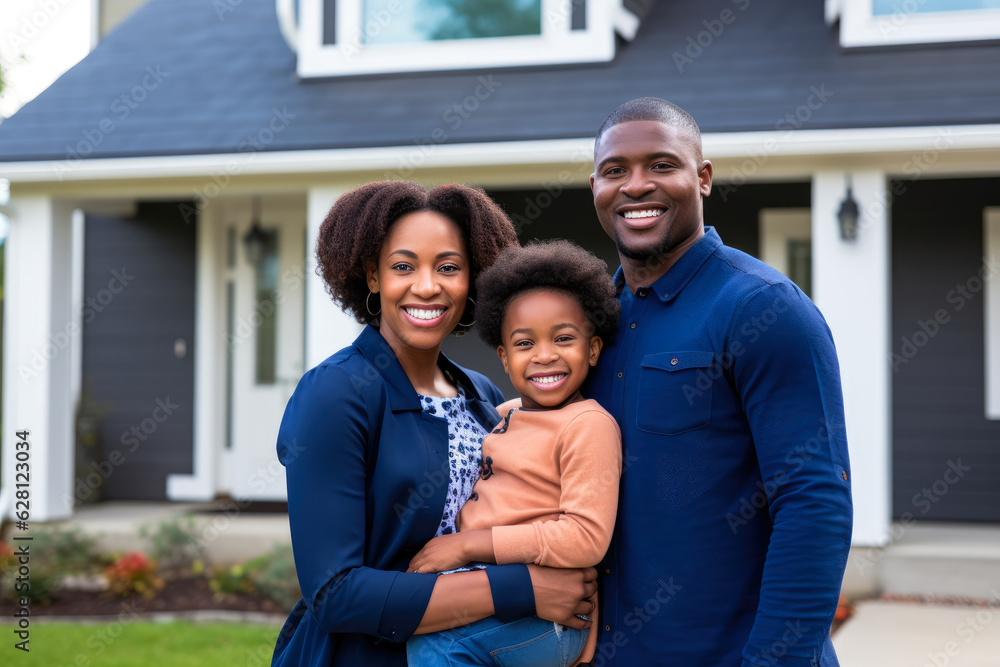African American family in front of newly purchased house, smiling ...