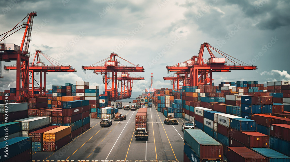 the organized chaos of a container terminal, with trucks delivering ...