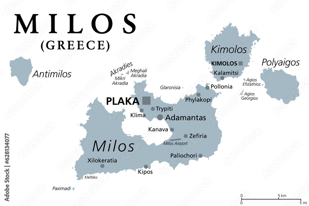 Milos or Melos, Greek island, gray political map. Volcanic island in ...