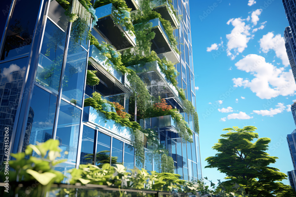 Eco-friendly building in the modern city. Sustainable glass office ...