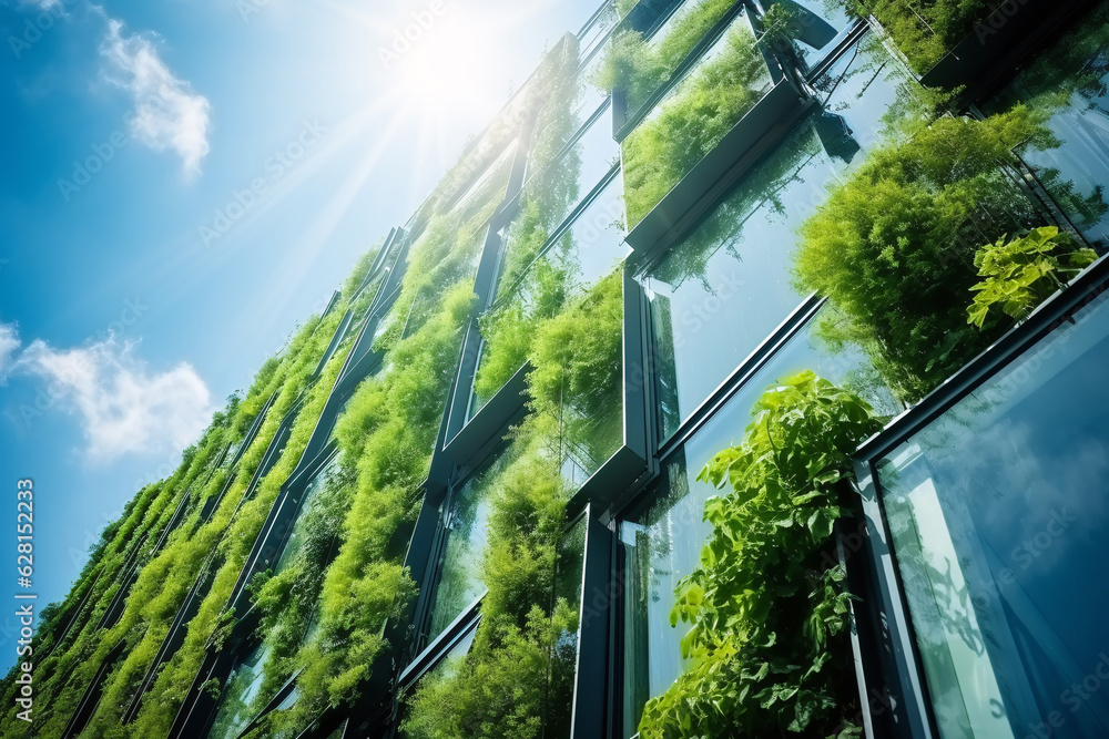 Eco-friendly building in the modern city. Sustainable glass office ...