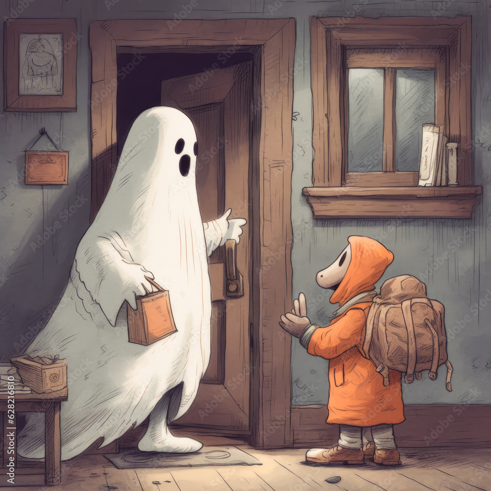 A heartwarming illustration of a friendly ghost helping a lost little ...