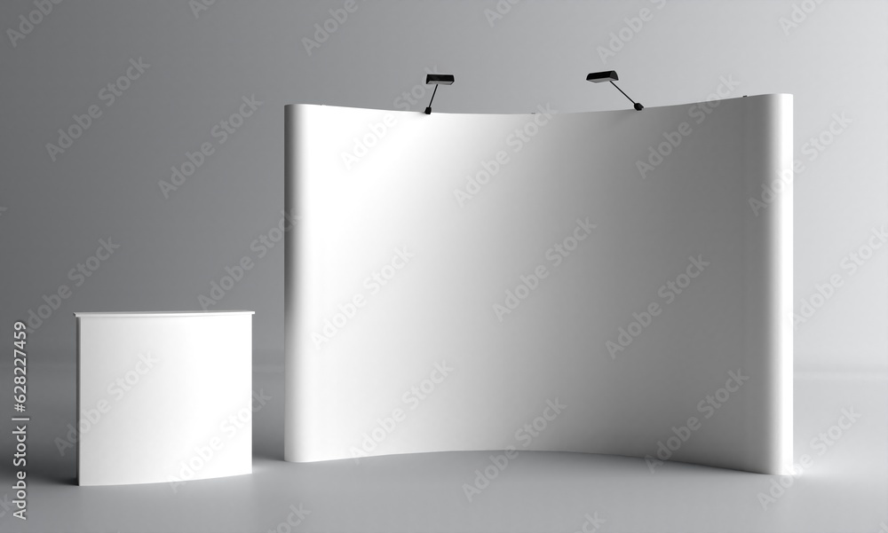 Trade exhibition stand display. Pop up display with promotion counter ...