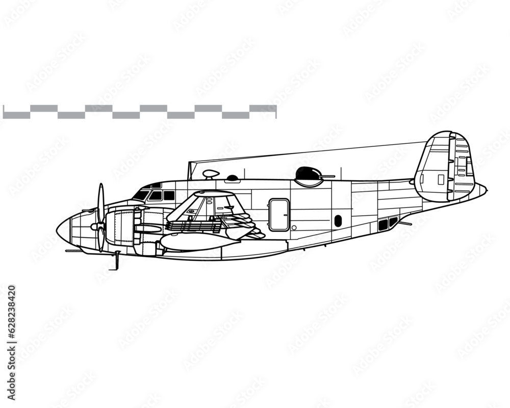 Lockheed PV-2 Harpoon. Vector drawing of WW2 patrol bomber. Side view ...