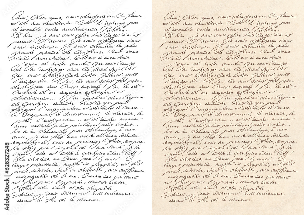 mysterious hand-written French letter, black on white and on a paper ...