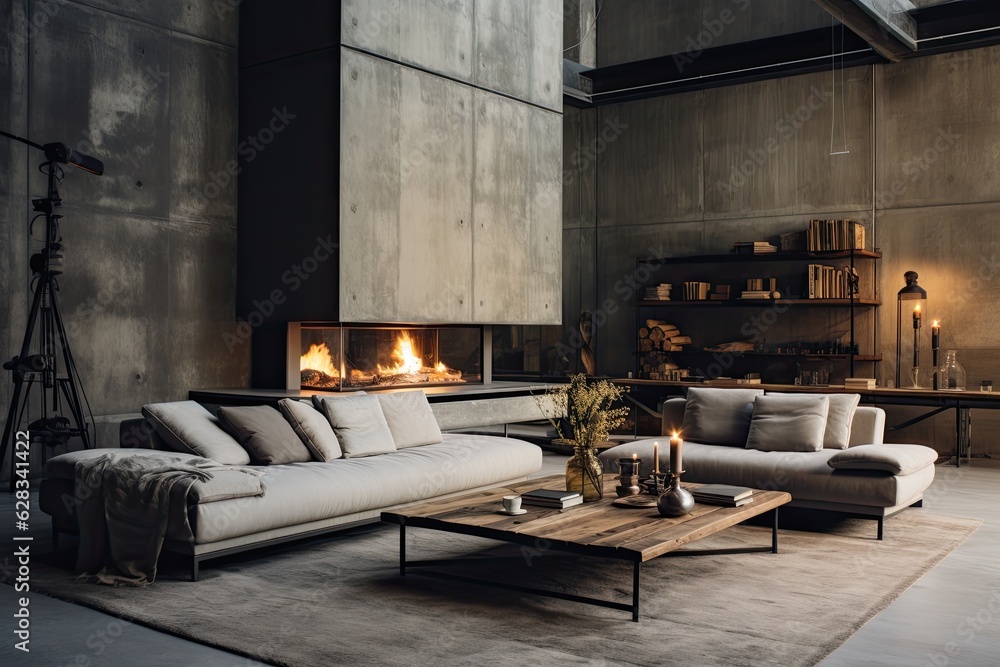A gray velour sofa is placed in a dimly lit room, where the only source ...