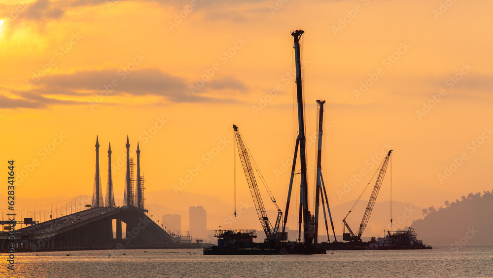 Construction of monopole transmission tower beside Penang Bridge in ...
