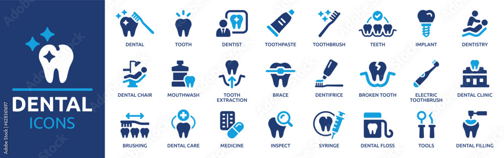 Dental icon set. Containing tooth, dentist, toothpaste, toothbrush, teeth, implant and dentistry ...