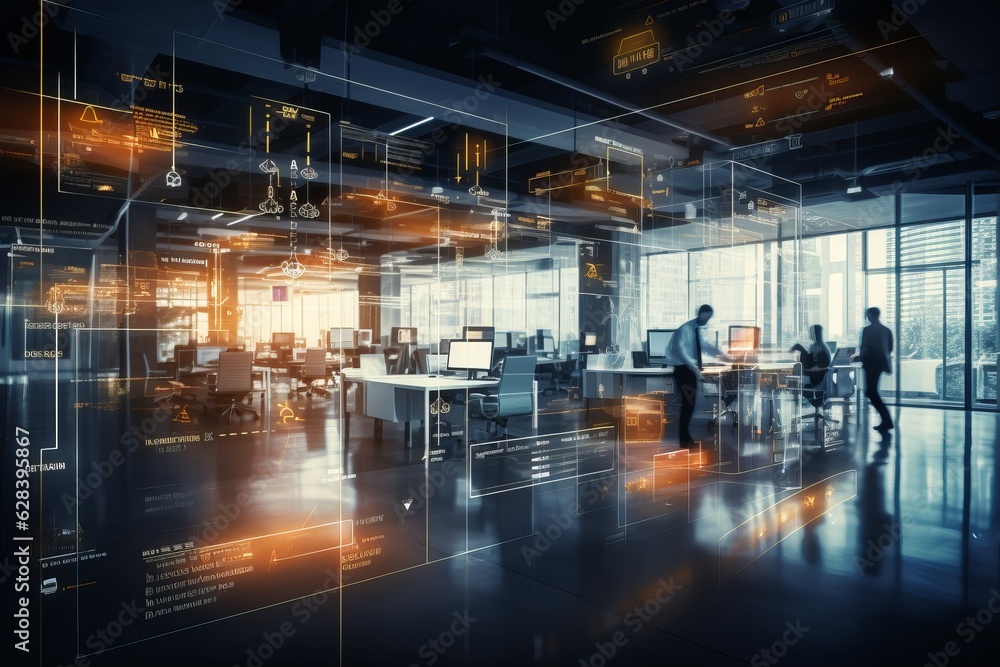 Modern neon cyberpunk open space office interior blurred with ...