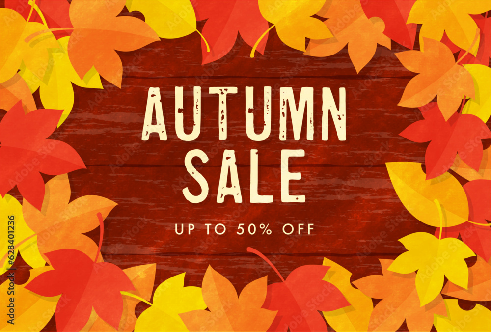 vector background with colorful autumn leaves frame and wood texture ...