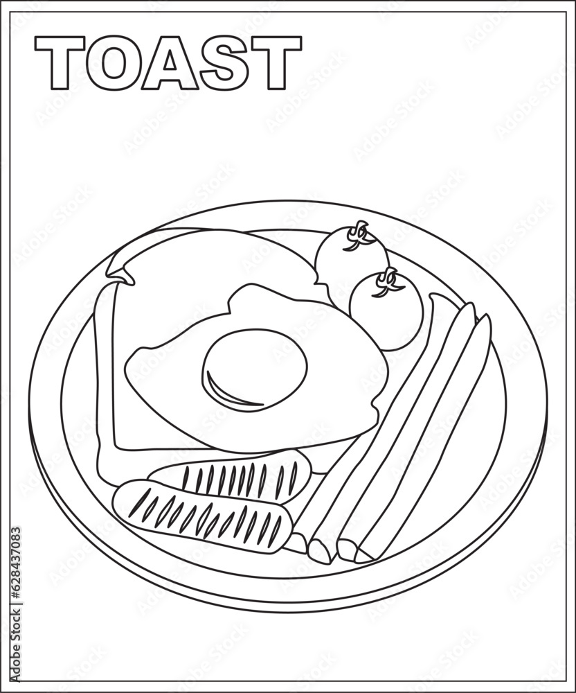 Toast coloring book page, food coloring book for children Stock Vector ...