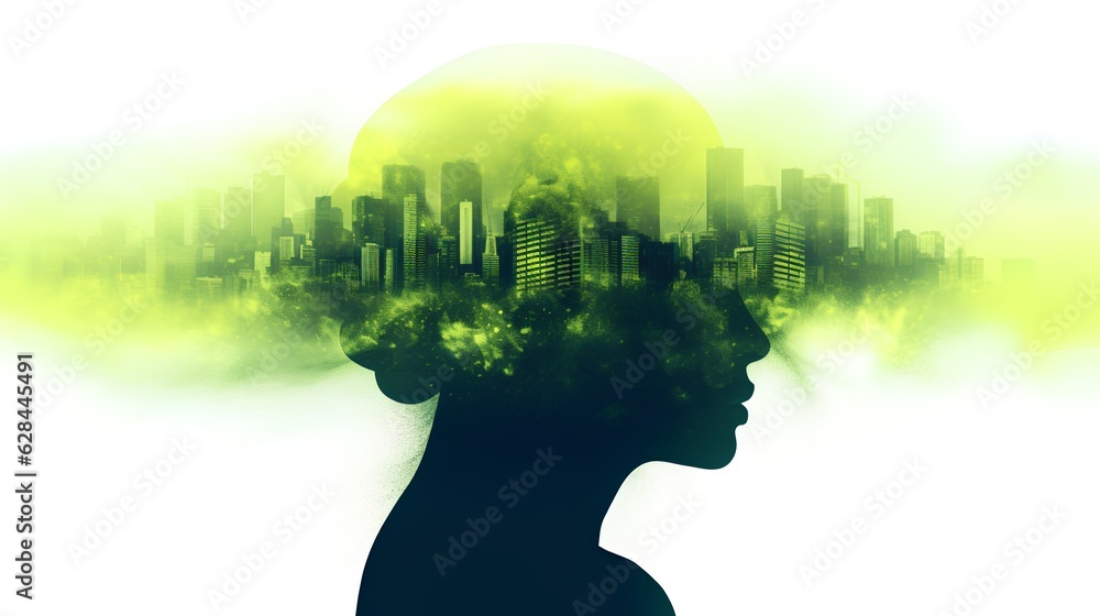 Green thinking concept, female head silhouette. Inside the silhouette ...