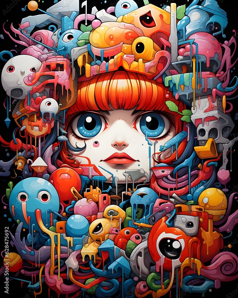 Colorful drawing poster of cartoon characters and shapes, in the style ...