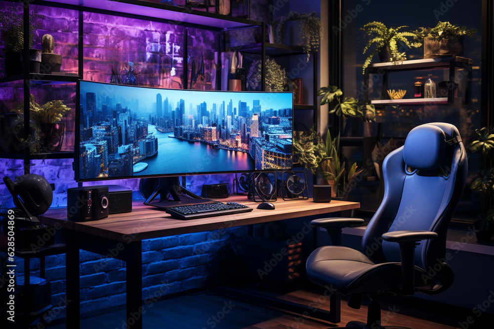 Gaming setup with a wide curved monitor and immersive graphics, gamer ...