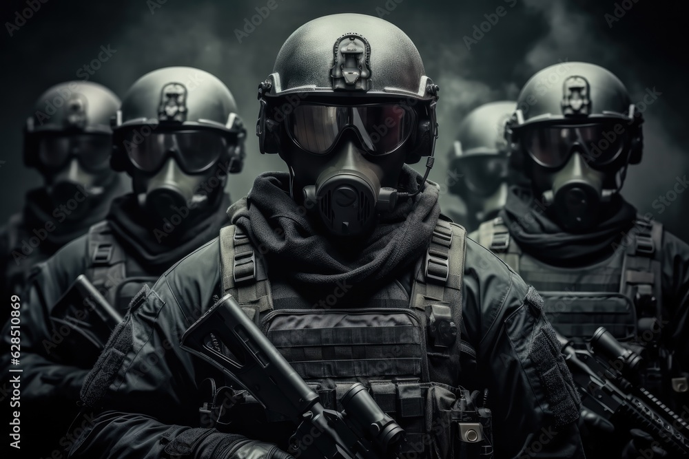 Stock-Illustration „Military swat with gas masks cover each other, In ...