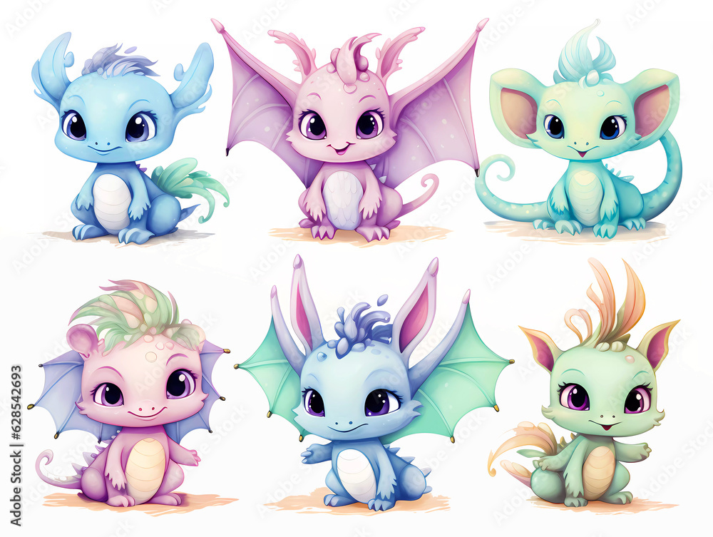 Baby dinosaur dragons watercolor clipart set. Colorful pastel clipart ...