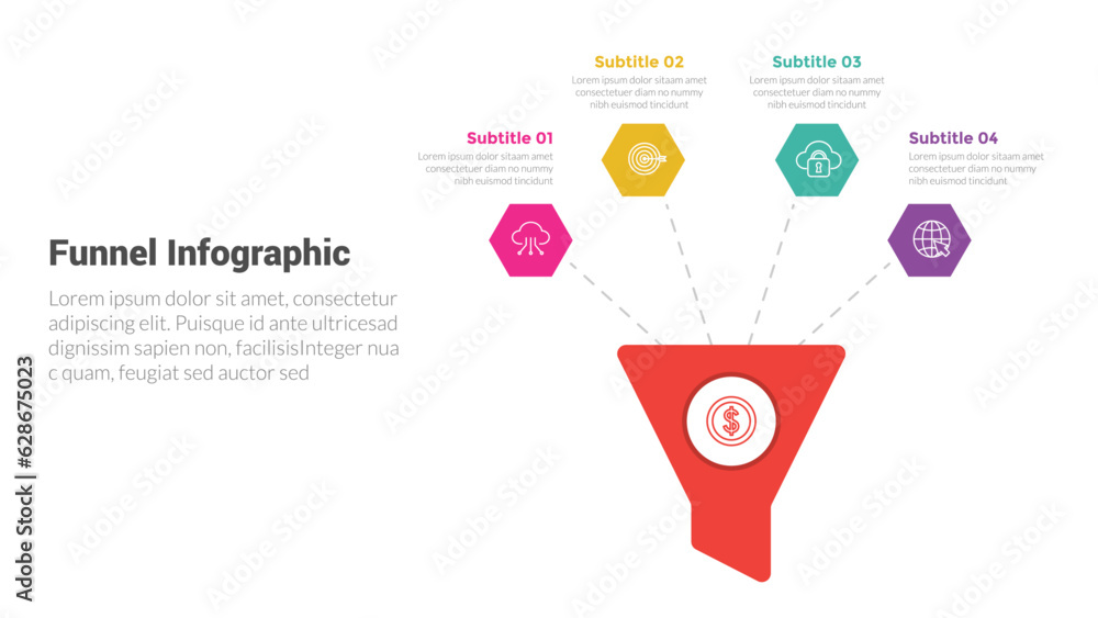 funnel shape infographics template diagram with spreading honeycomb on ...
