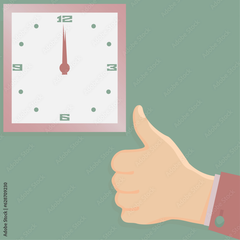 Time is 12 am on a square clock and thumbs up on a green background ...