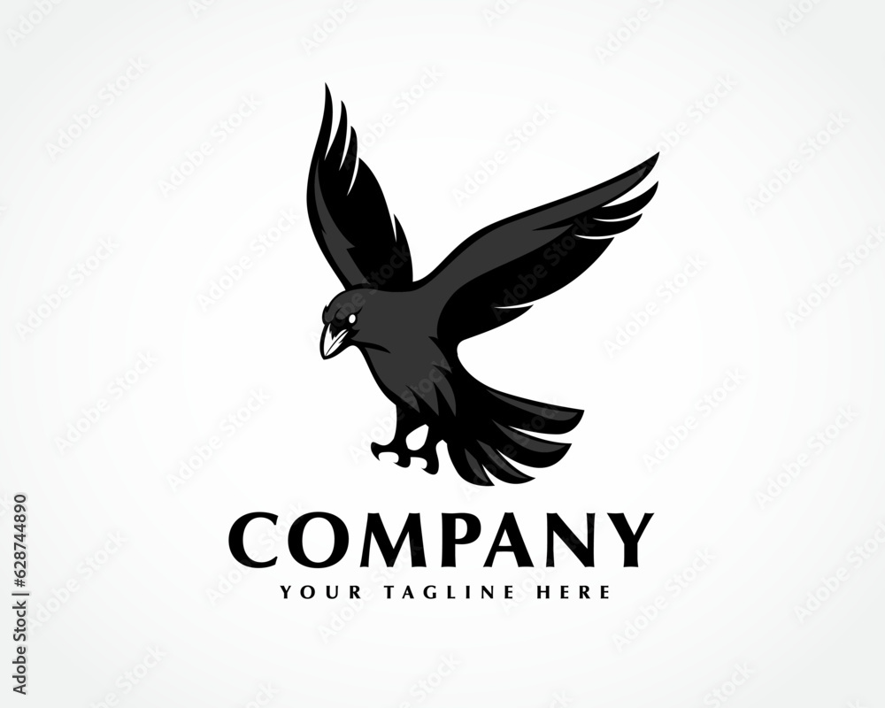 silhouette flying raven bird landing logo symbol design template ...