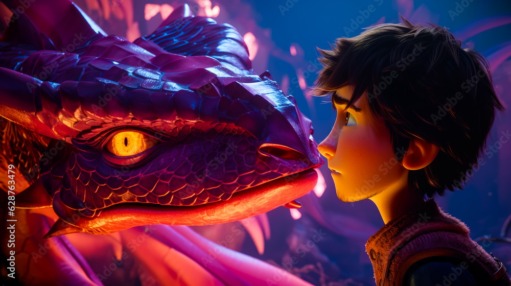 Foto de Stock Boy and dragon face each other in scene from the animated ...