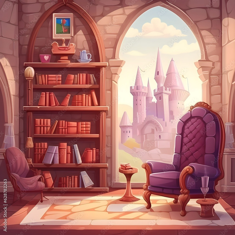 Cartoon castle interior with bookshelf and armchair. Stock Illustration ...