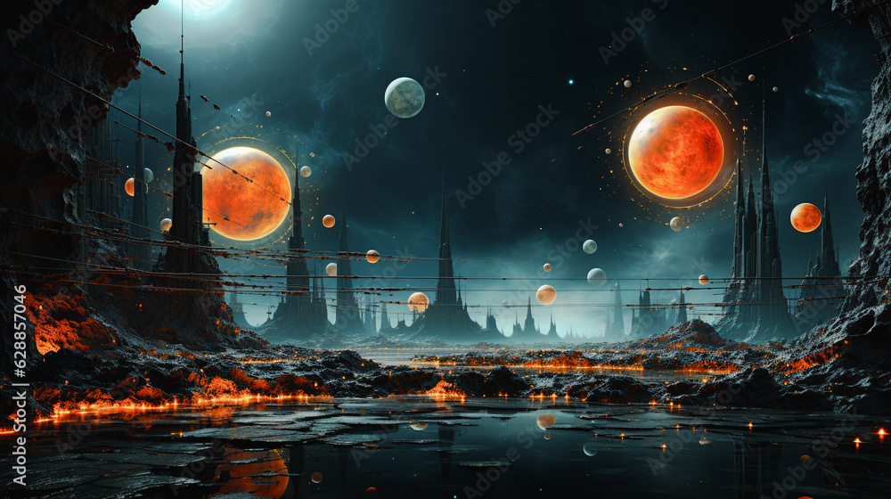World under many moons, consumed by fire. Wallpaper, graphic background ...