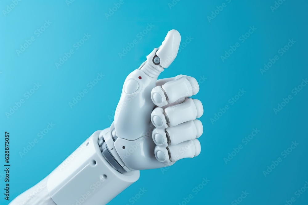 High detailed robot hand thumb up isolated on bright blue background ...