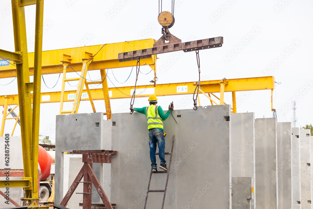 Reinforced concrete structures. Man construction worker control large ...