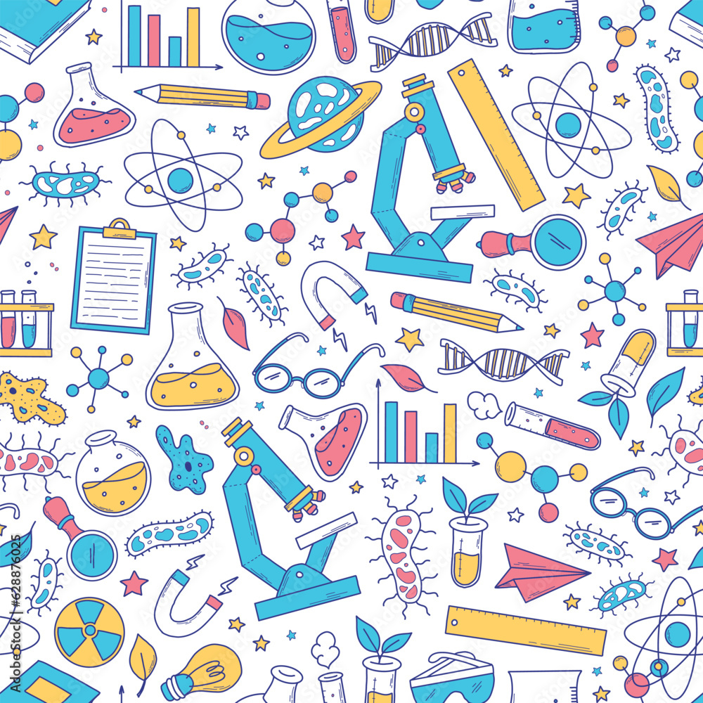science seamless pattern with doodles, cartoon elements, supplies on ...