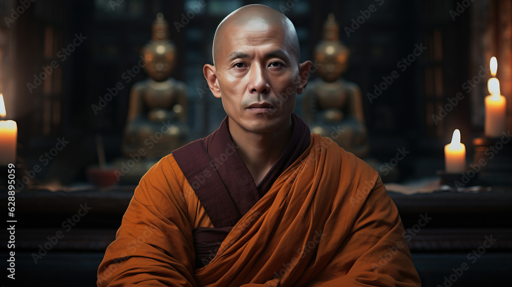 Traditional Buddhist Monk Older Man. Sitting in Old Temple With Golden ...