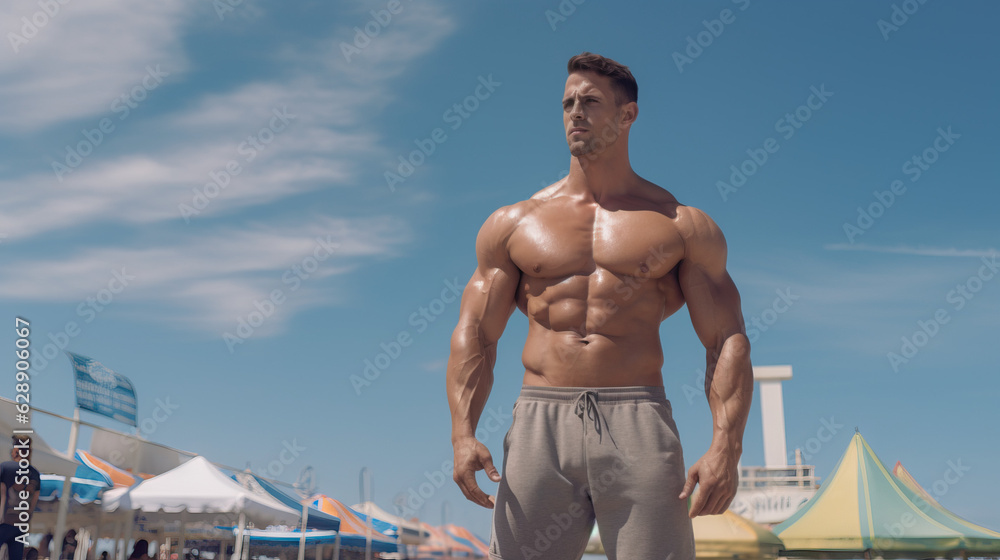 Foto De Stock Large Shirtless Muscular Man On The Beach Showing Off Muscles Six Pack Biceps