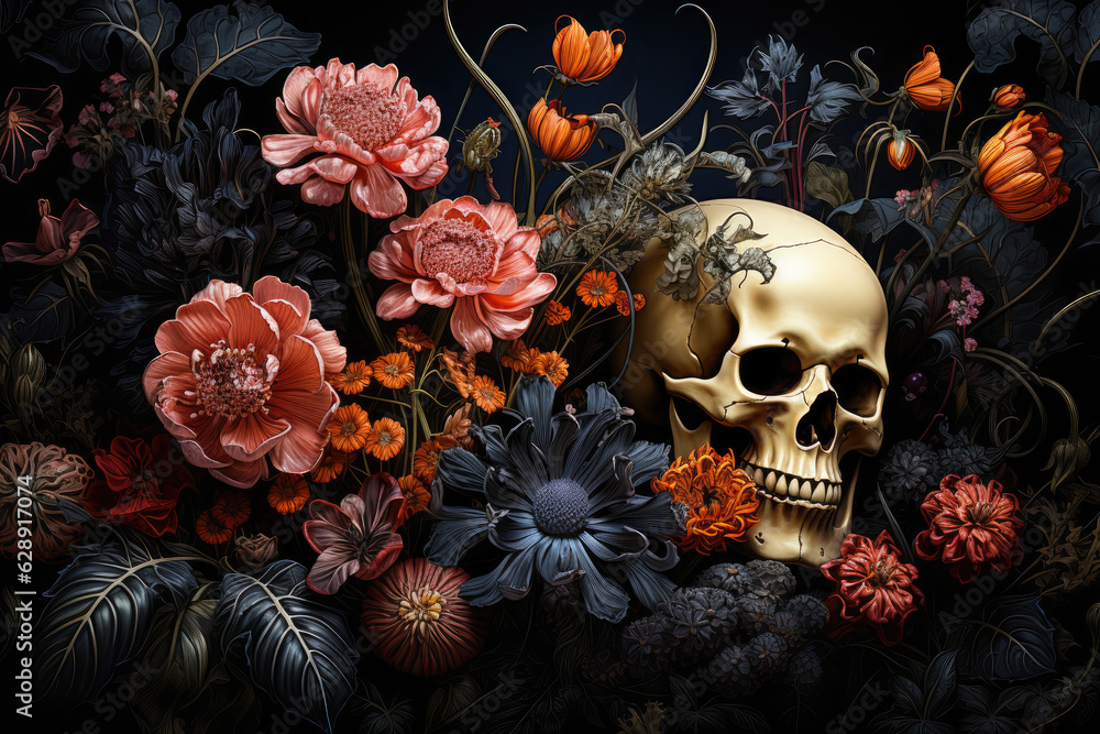 Beautiful detailed gothic skulls spiders and flowers, background ...