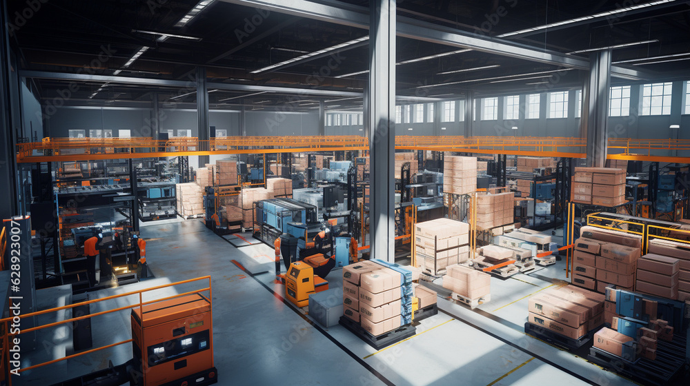 Craft an expansive cargo storage warehouse with automated conveyor belts, robotic forklifts, and ...