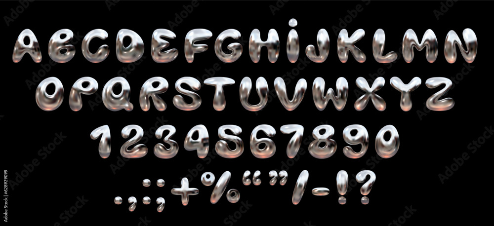 Shiny chrome bubble font in Y2K style. Realistic 3D letters and numbers ...