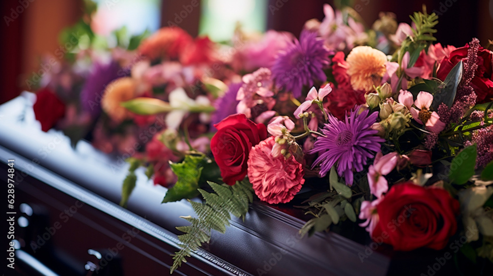 colorful flower bouquet on the coffin. Generative AI illustrator Stock Illustration | Adobe Stock