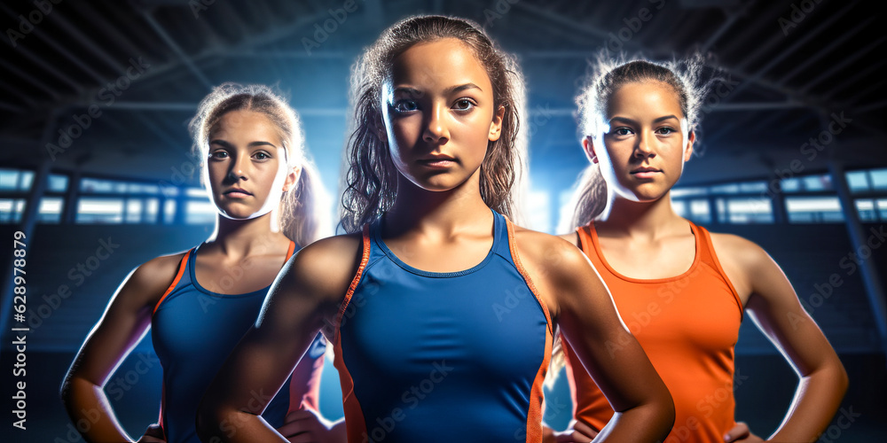 Inspiring trio of young female athletes in diverse sport uniforms ...
