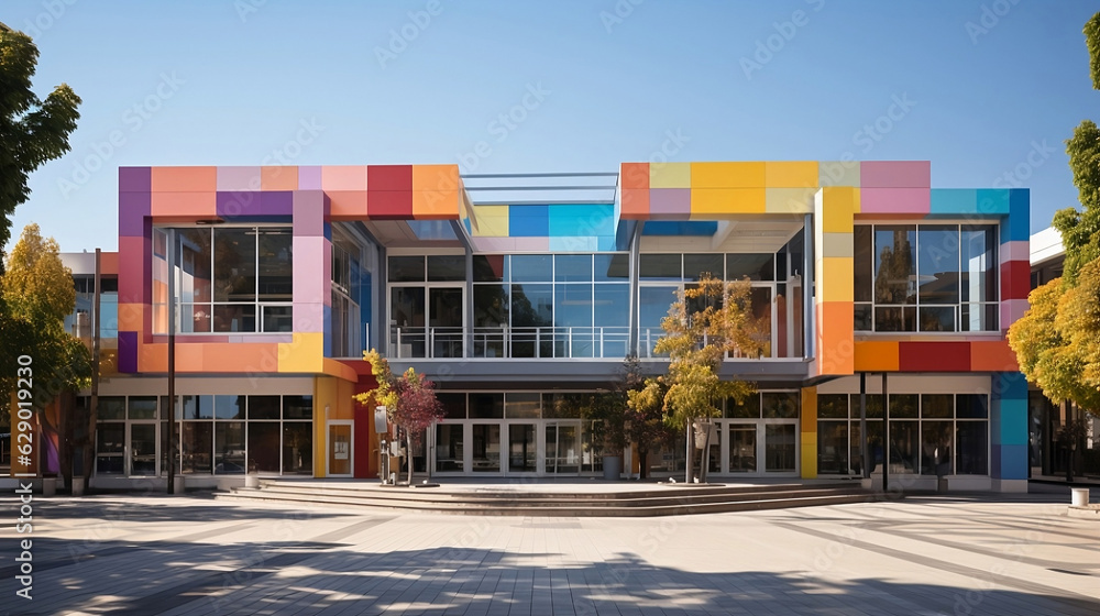 Modern colorful public building with green space, e.g. school or museum ...