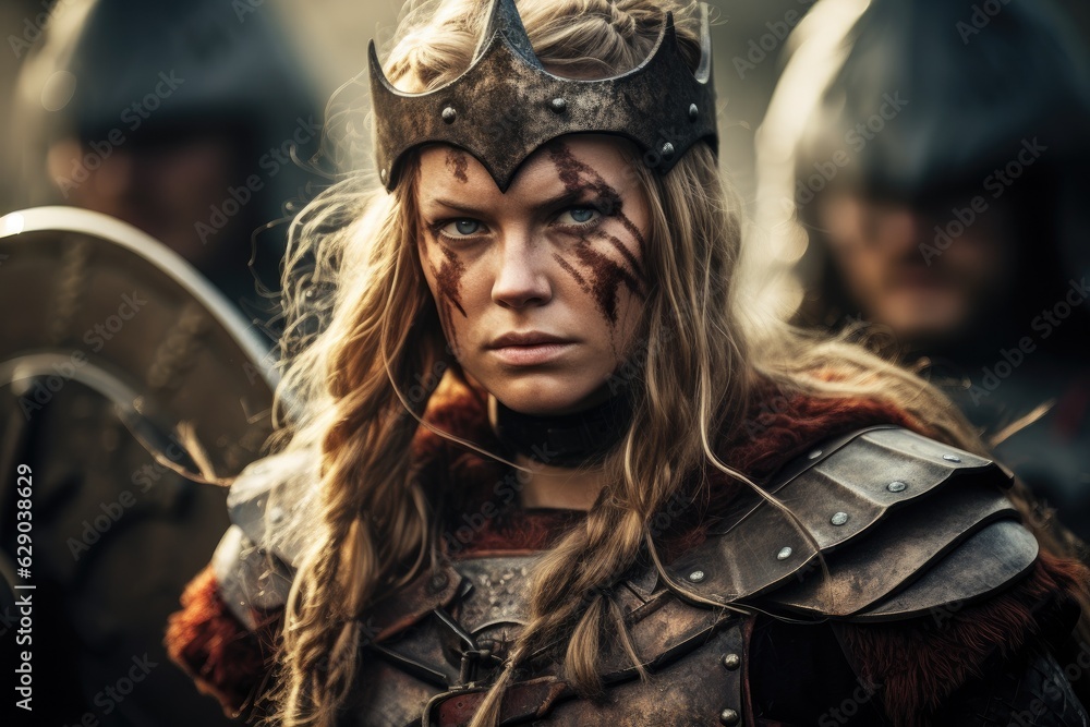 Portrait of an ancient female viking warrior with blonde hair, metal ...